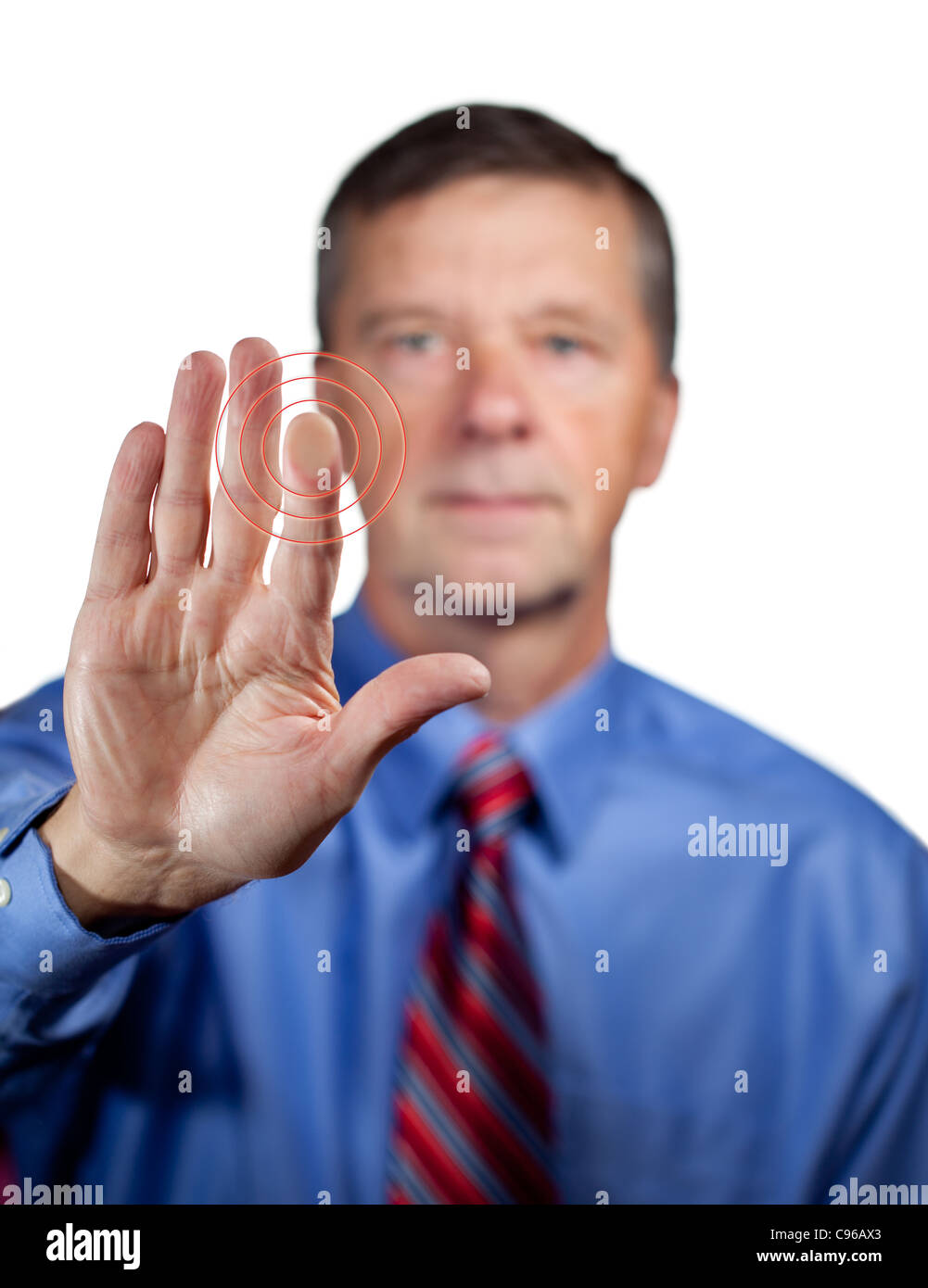 Senior executive or security man opens sensor by pressing finger onto ...