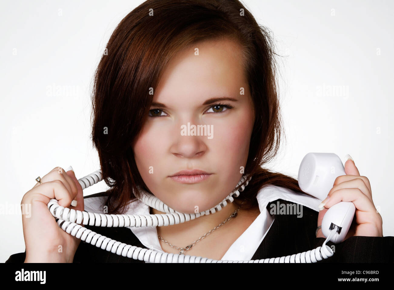 portairt of woman with telephone cord wrapped around face Stock Photo ...