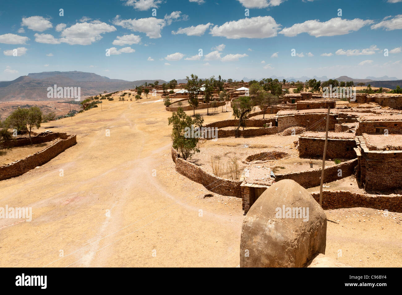 View of the mountain-top monastery from the bell-tower at Debre Damo on ...