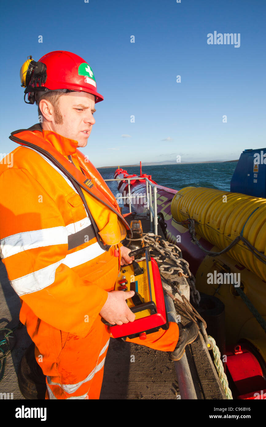 A Pelamis P2 wave energy generator on the dockside at Lyness on Hoy ...