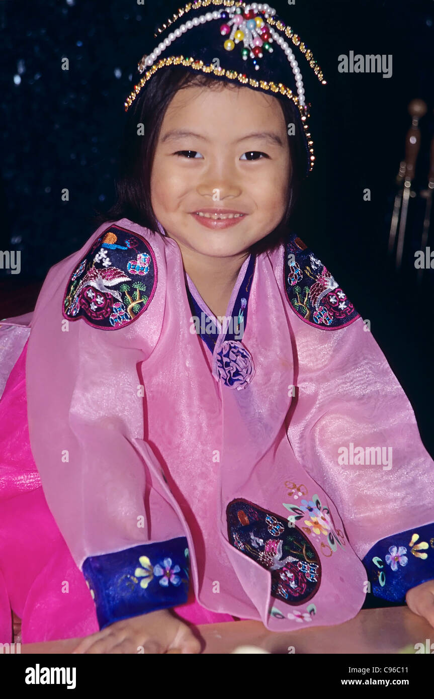 Girl child with traditional dressing for chuseok celebration, Daegu ...