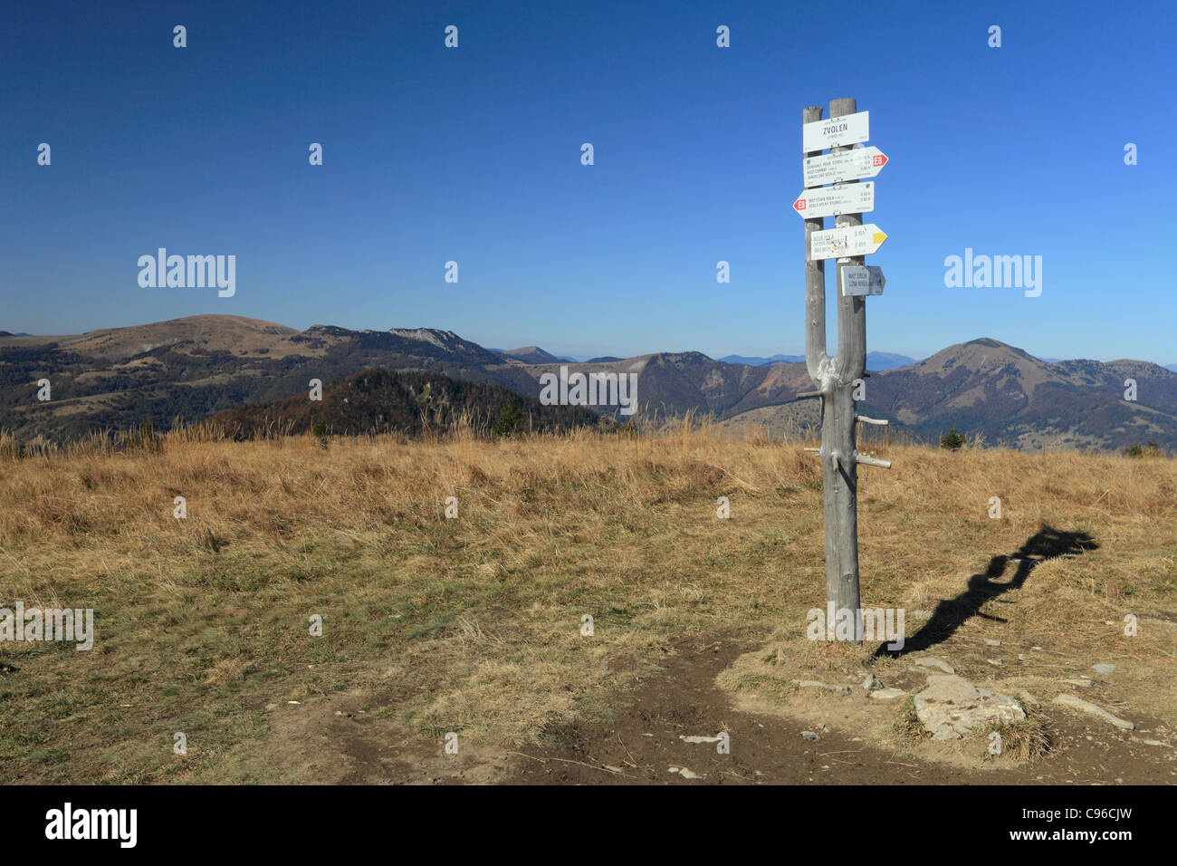 The tourist signpost on the summit of Zvolen, one of the many peaks in ...