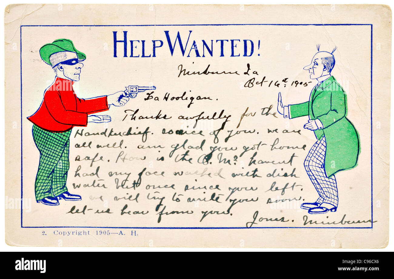 Old Vintage Postcard with Help Wanted Stock Photo - Alamy