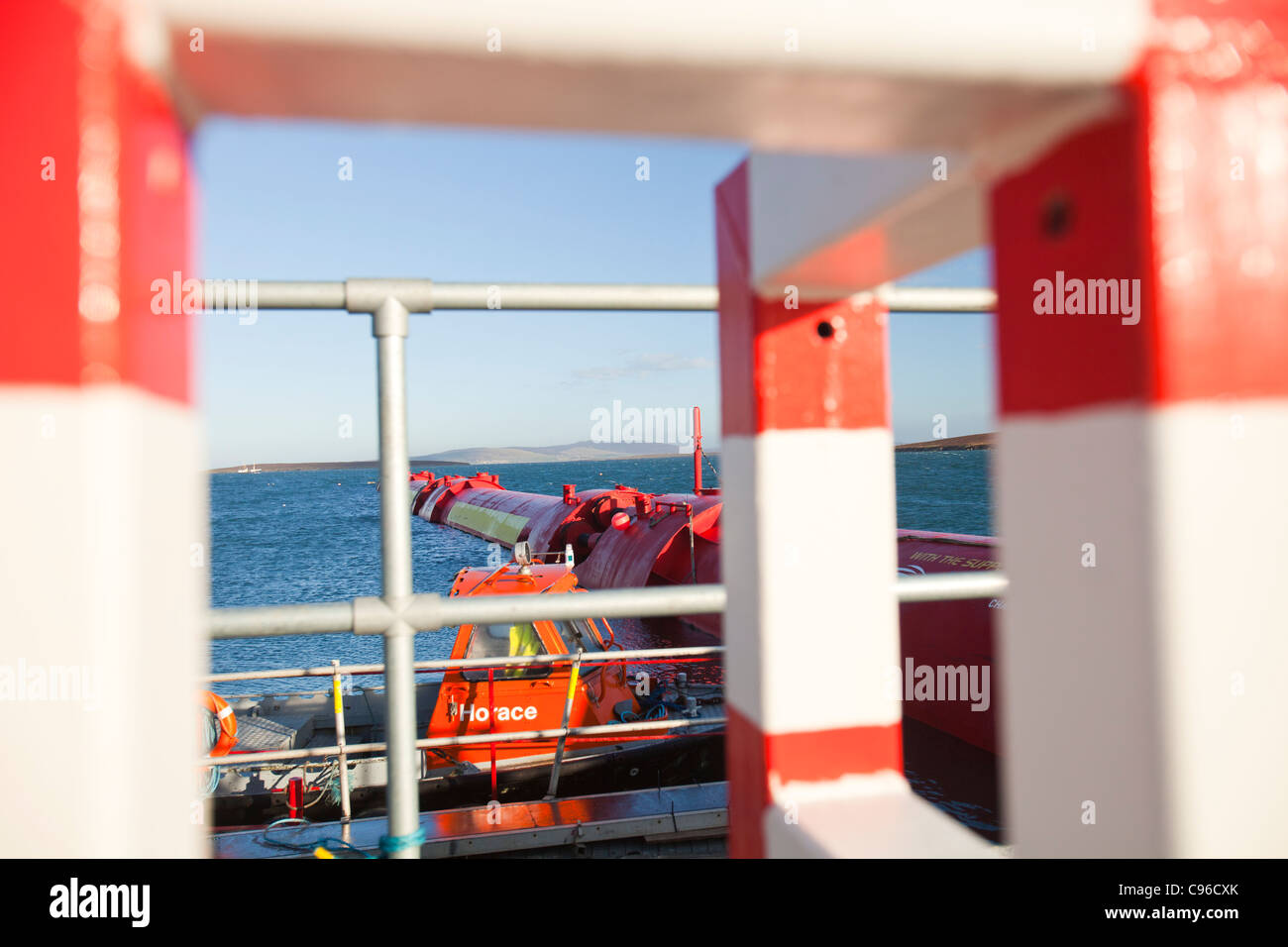 A Pelamis P2 wave energy generator on the dockside at Lyness on Hoy ...