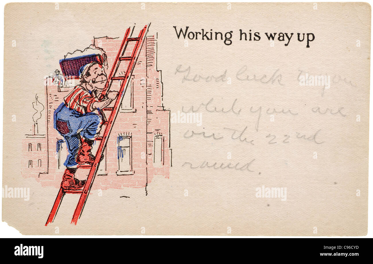 Illustration of man climbing letter on vintage note card with note ...