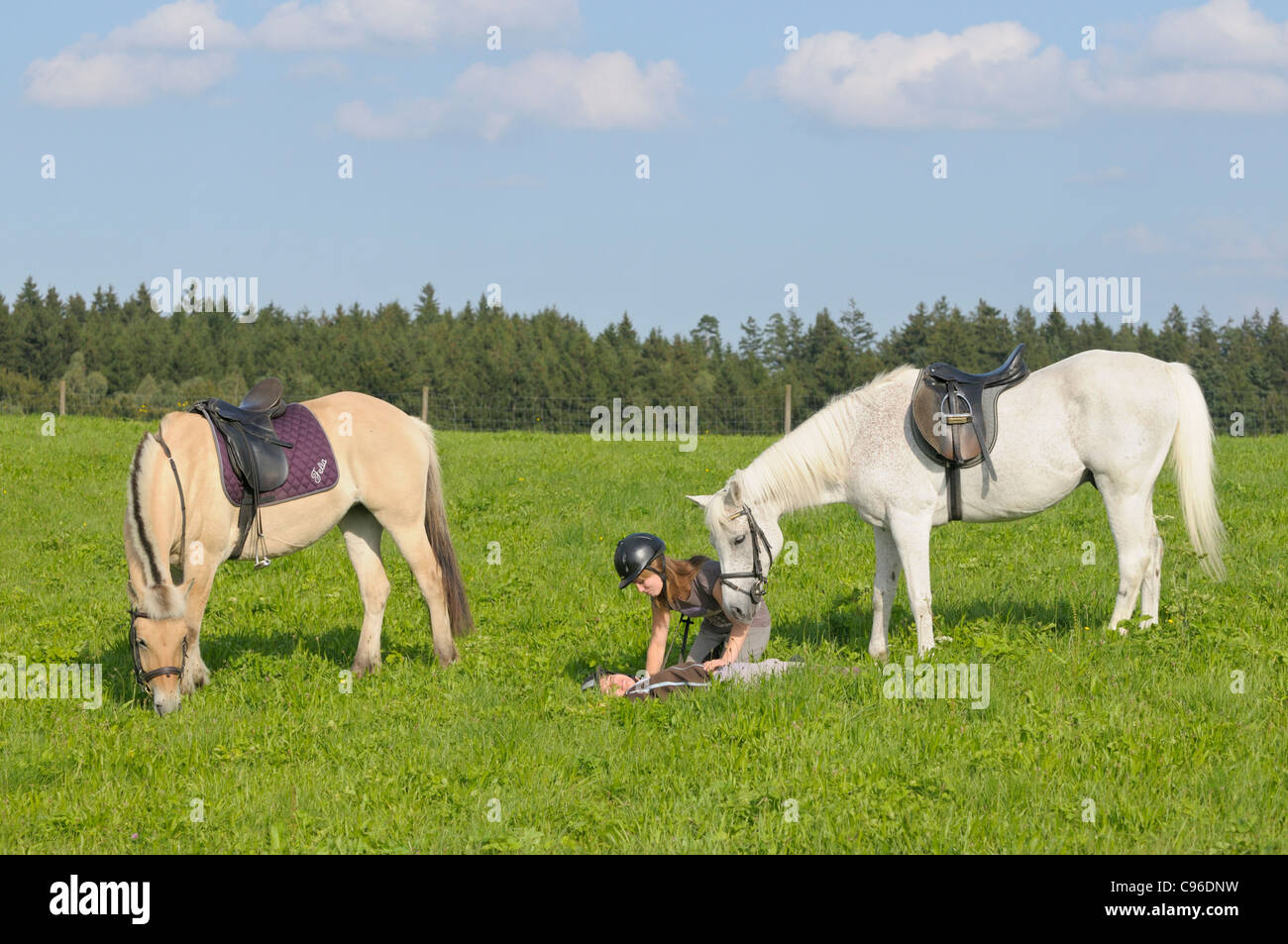Young rider lying in a meadow after falling from her pony, a second ...