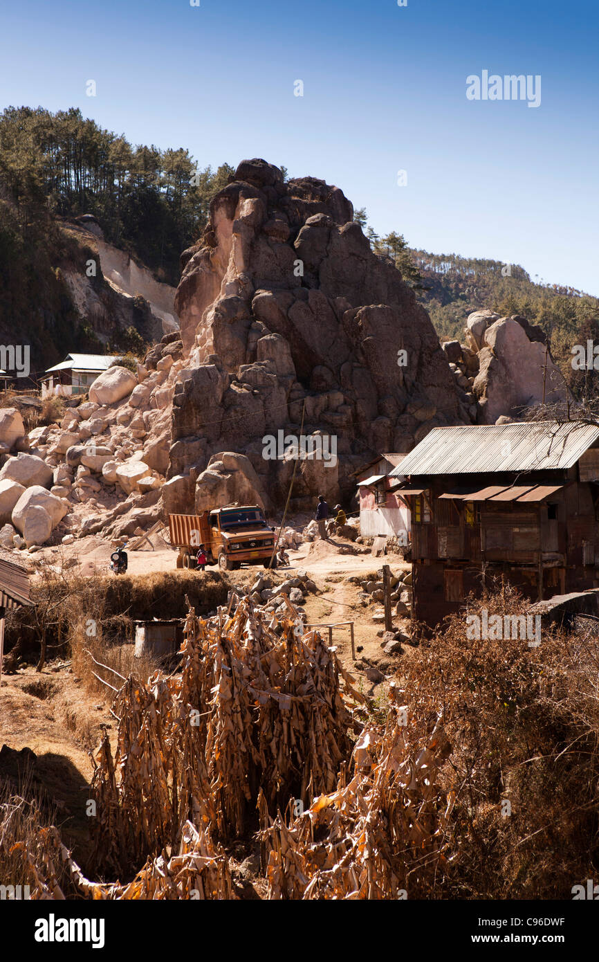 India, Meghalaya, Shillong, road through Khasi Hills, small quarry ...