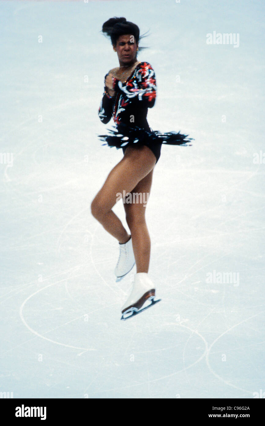 Debi Thomas preforming a jump at the 1988 Olympic Winter Games Stock ...