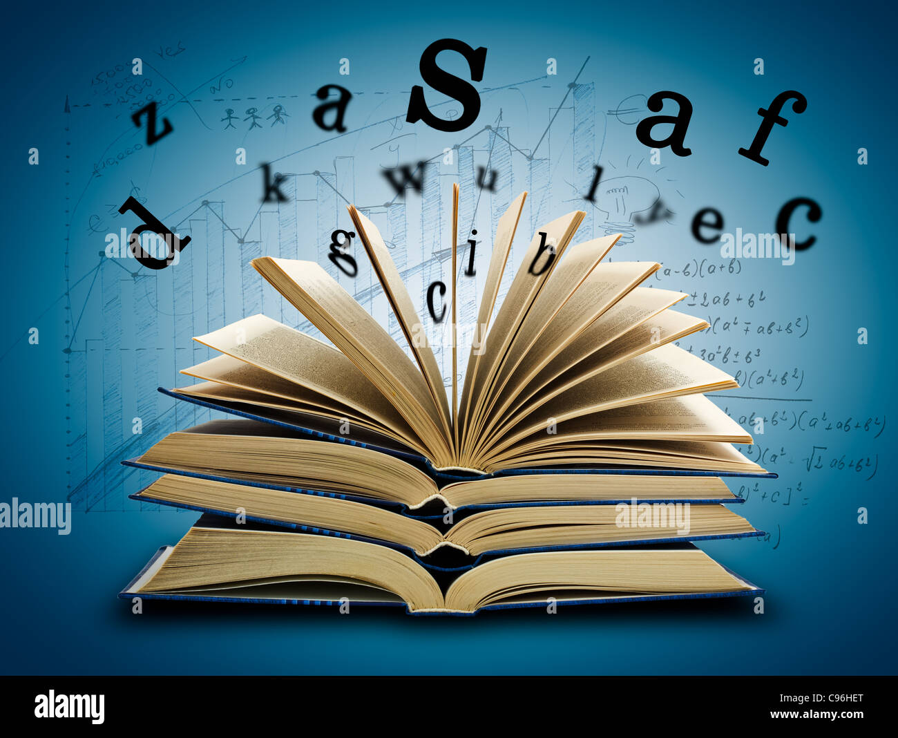 The Magic Book and the letters on a dark background with formula ...