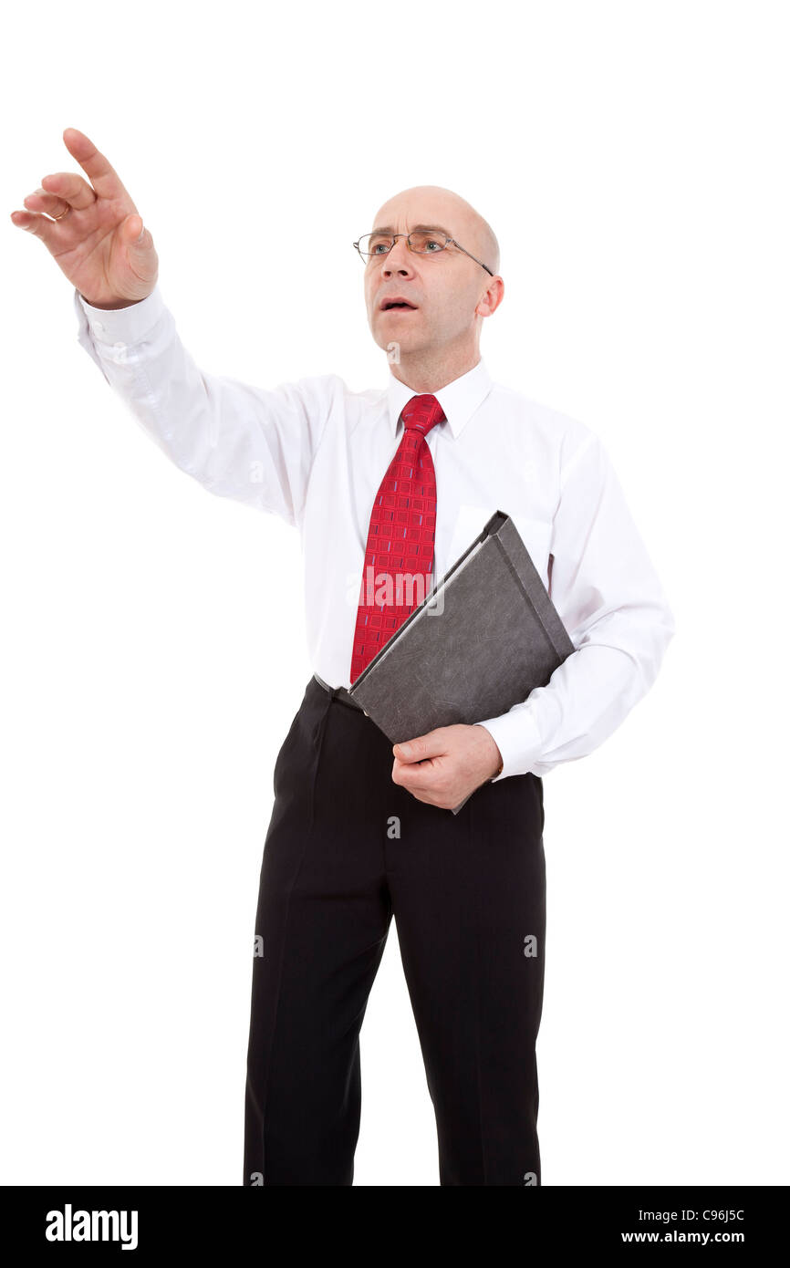 elegant official with documents on white background Stock Photo - Alamy