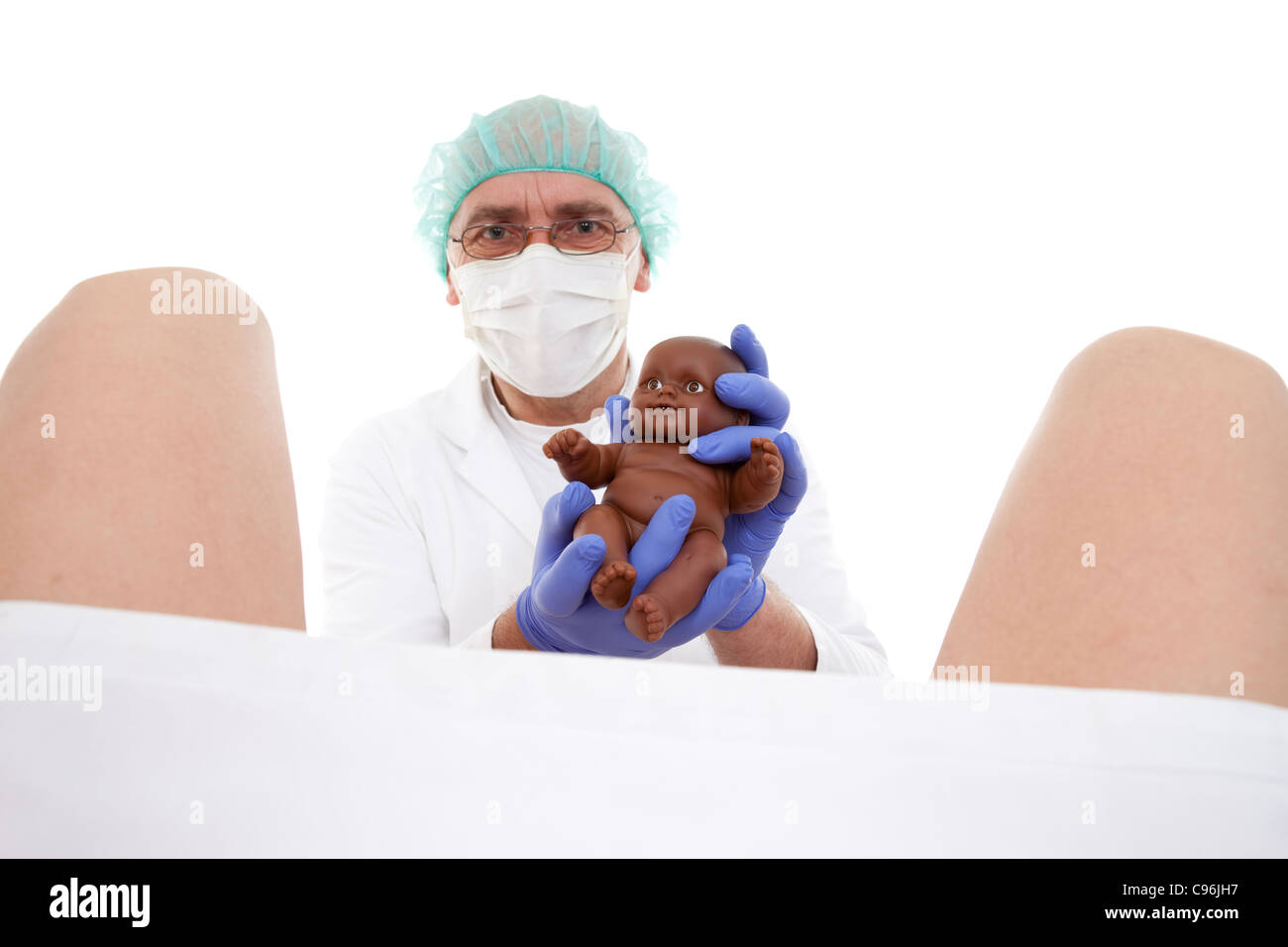 doctor obstetrician receives childbirth on white background Stock Photo ...