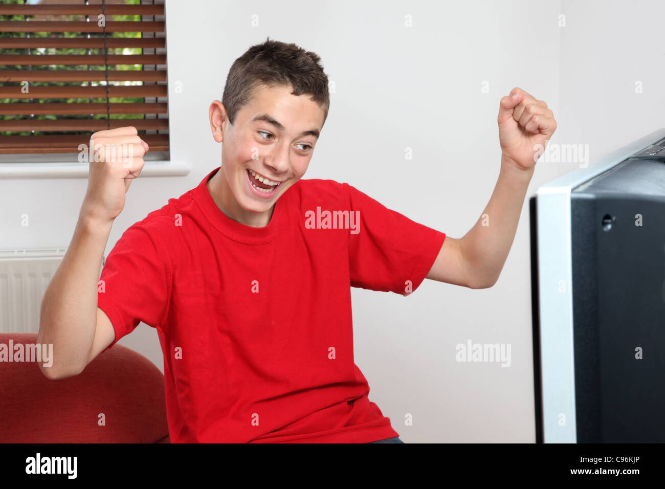 Young male watching and cheering sport on tv Stock Photo - Alamy Young male watching and cheering sport on tv Stock Photo - Alamy