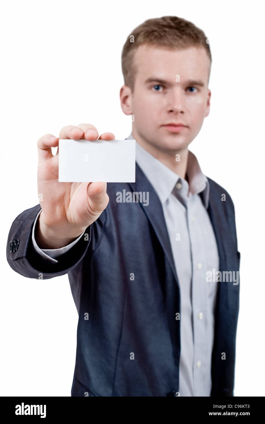 Businessman holding card in hand. People and things in different life ...