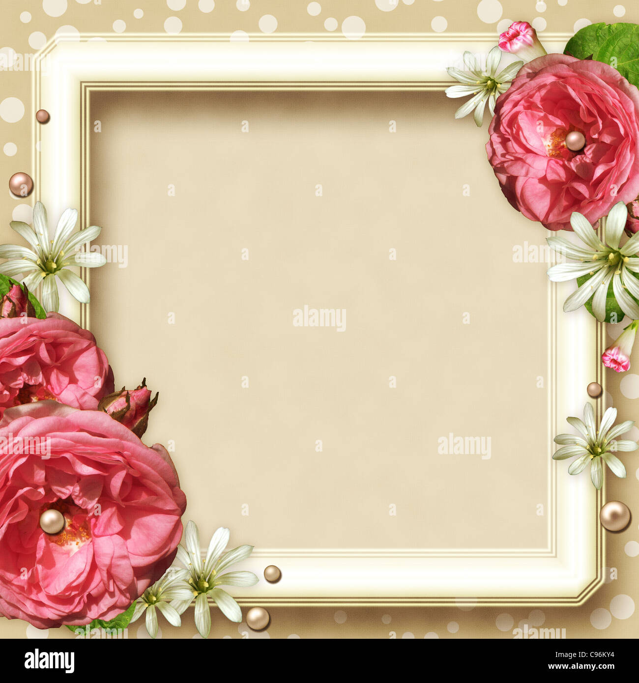 Vintage Photo Frame with pink roses and pearls Stock Photo - Alamy