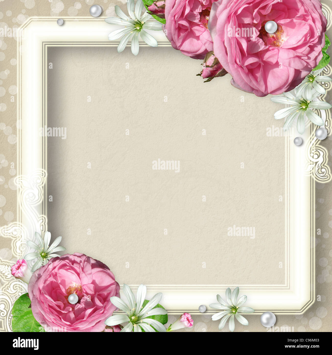 Vintage Photo Frame with pink roses and pearls Stock Photo - Alamy