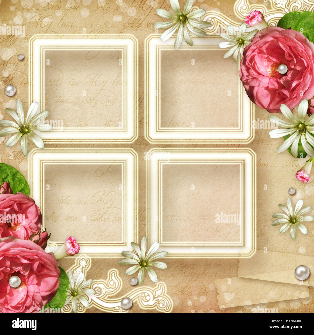 Vintage Photo Frame with pink roses and pearls Stock Photo - Alamy