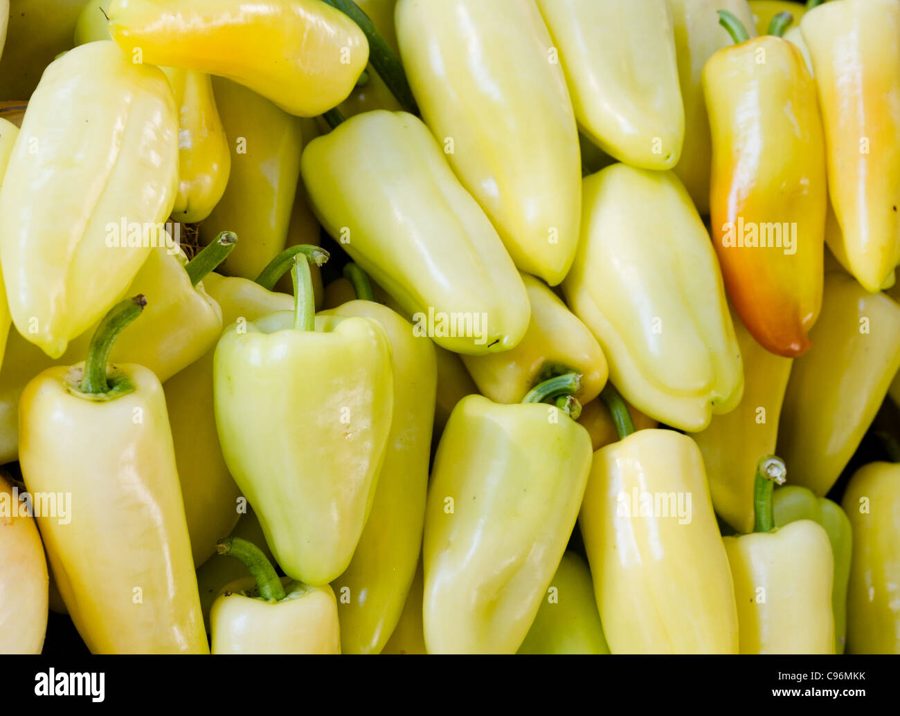 Freshly picked sweet gypsy peppers on display at the farmer's market ...