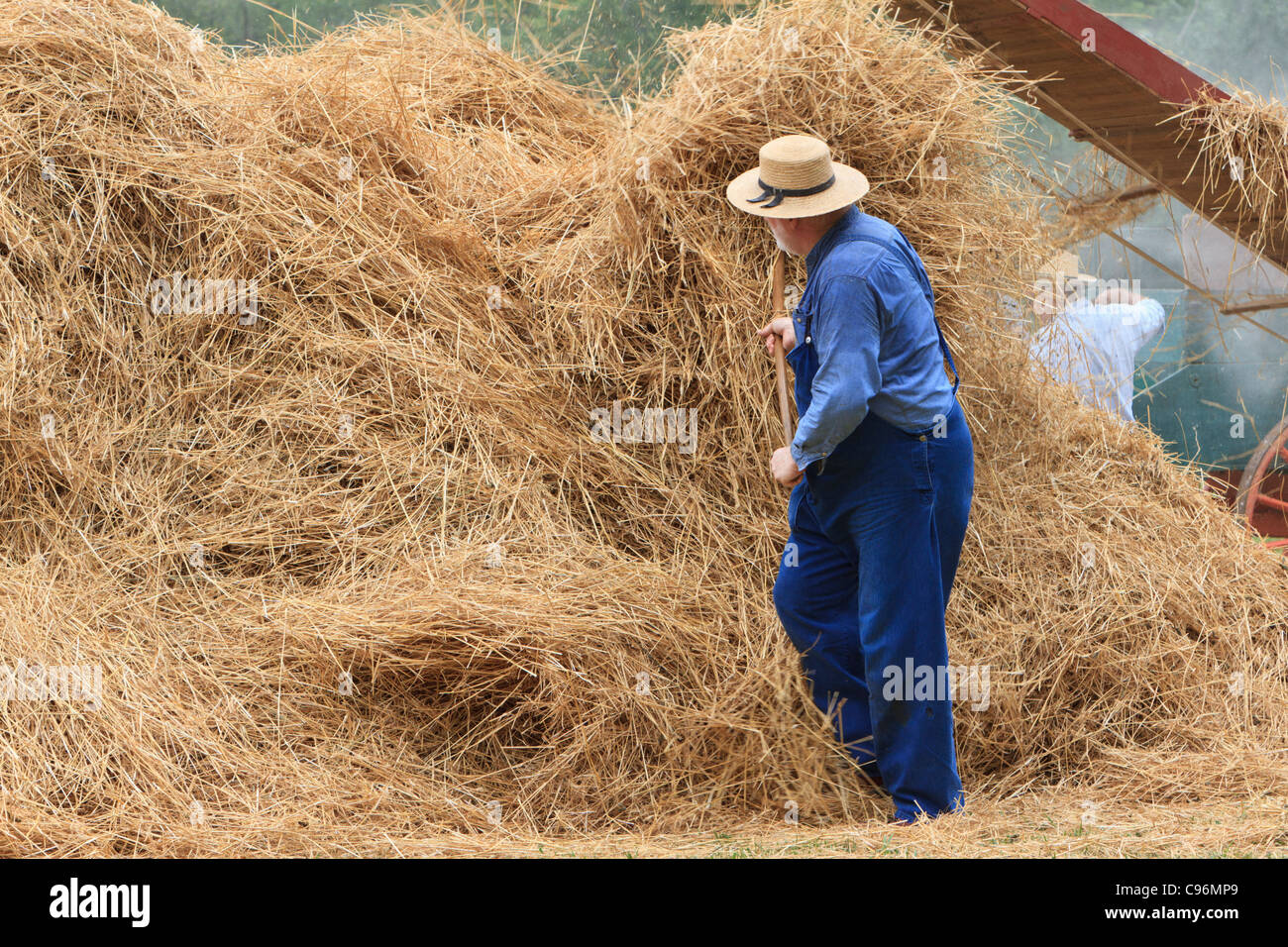 Man stacking straw on farm Stock Photo - Alamy