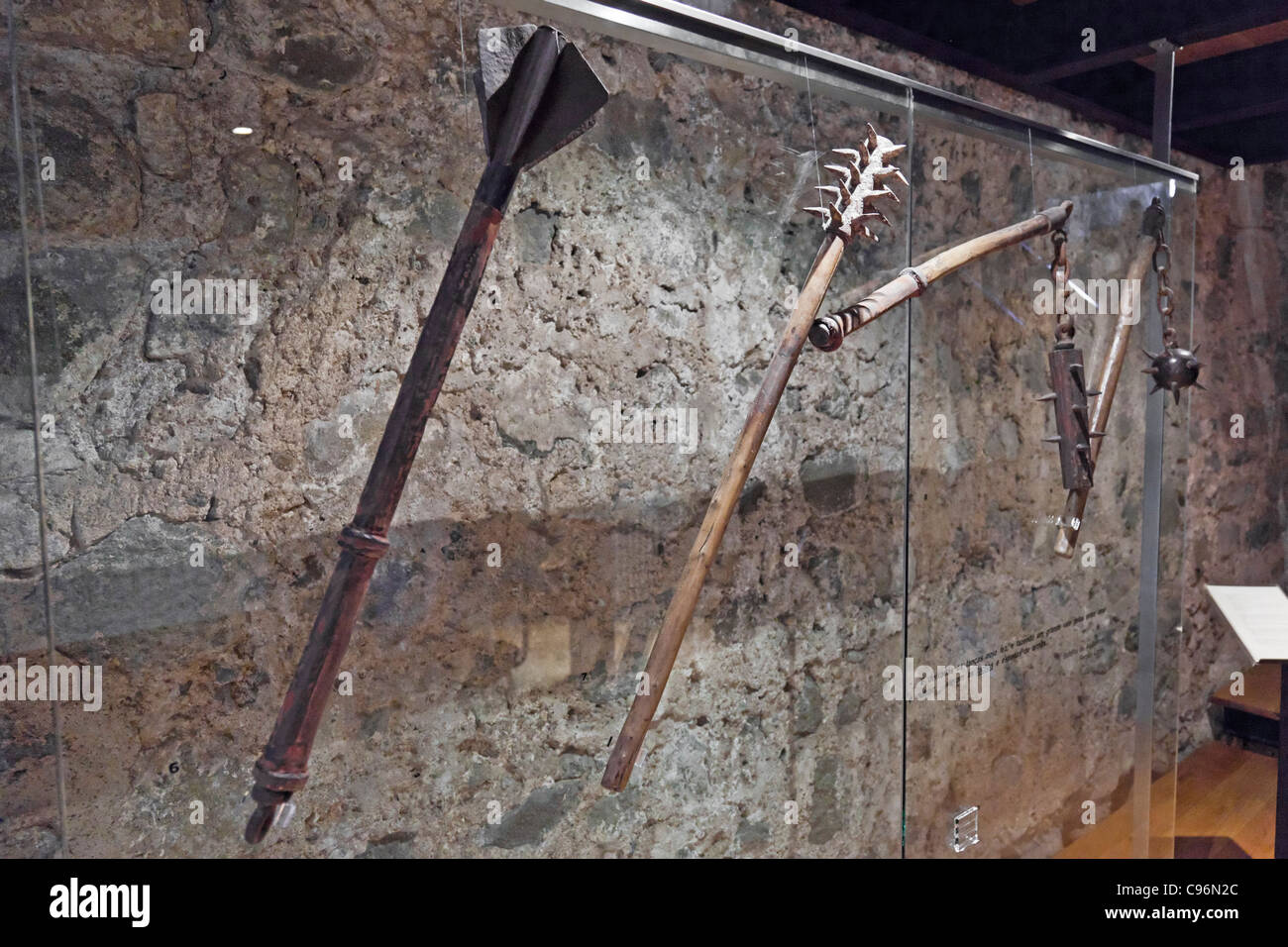Medieval mace replicas (flanged, spiked and flail). Castle of Leiria ...