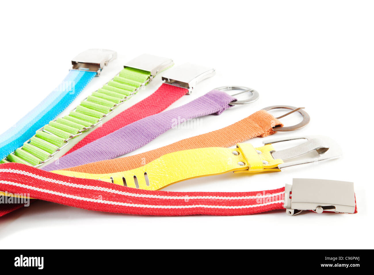 7 rainbow colored textile belts isolated over white background Stock ...