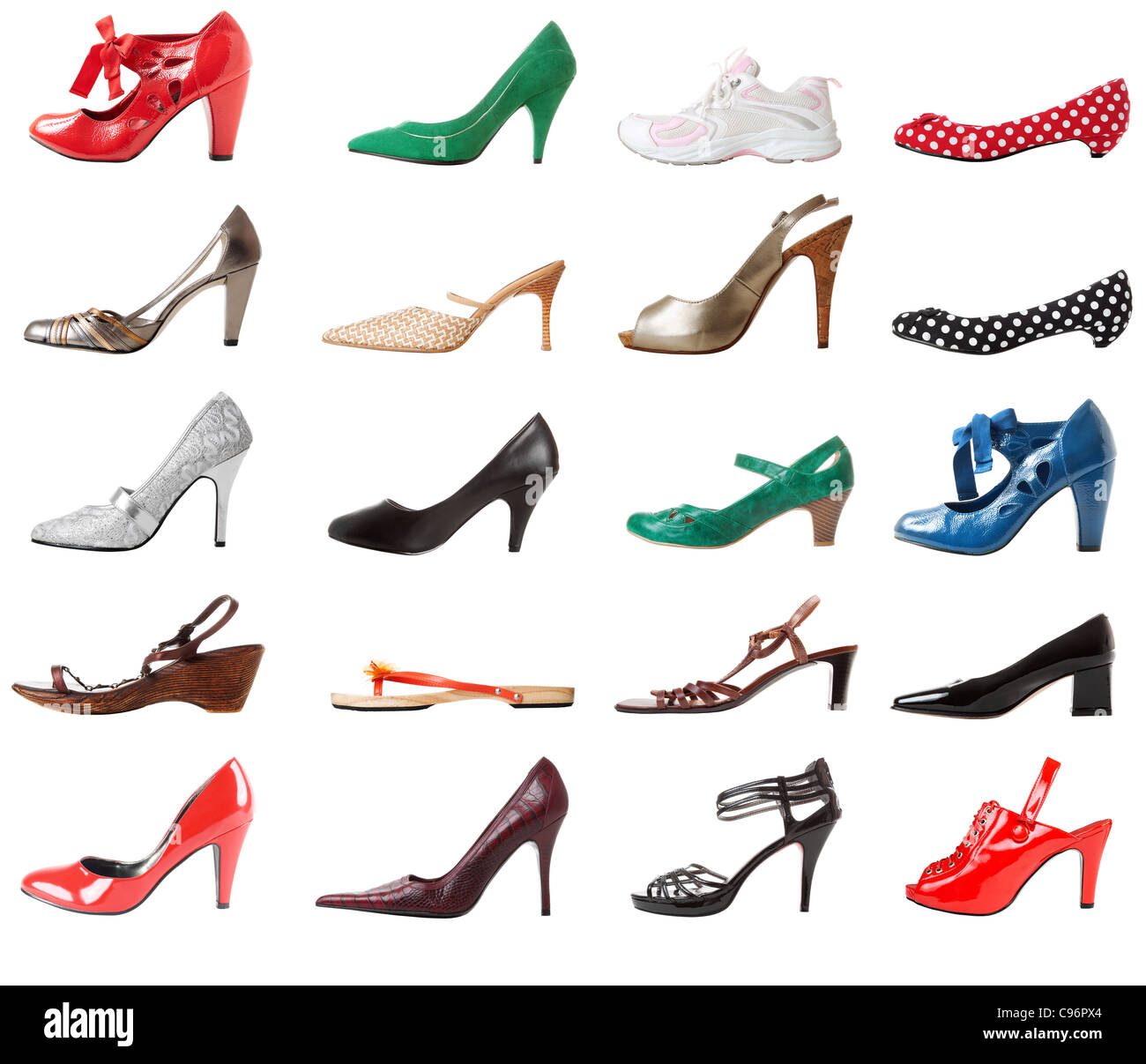 Colorful collection of different female shoes. Isolated over white ...