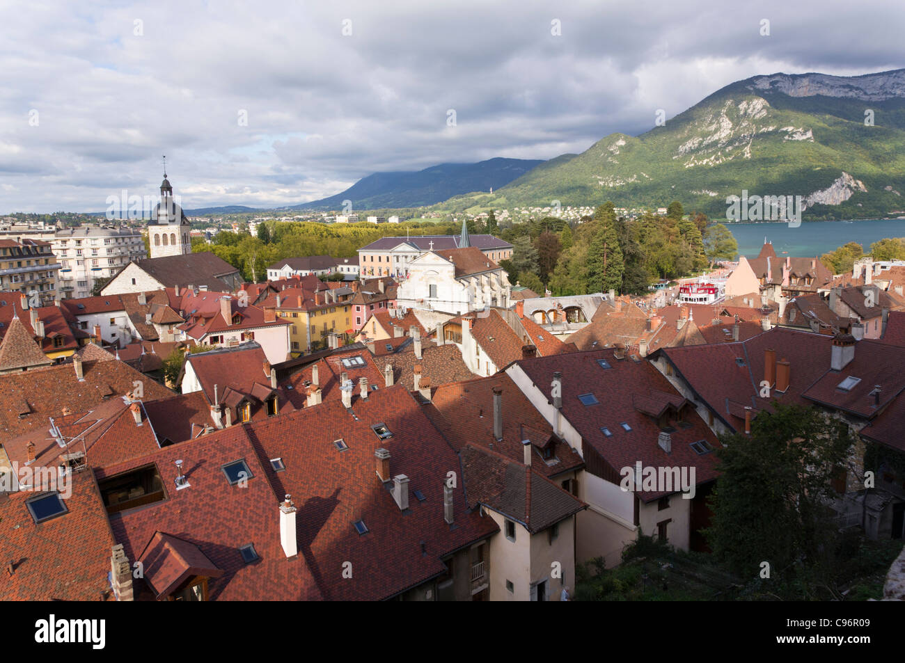 A roof top view over Annecy town looking towards the lake Stock Photo ...
