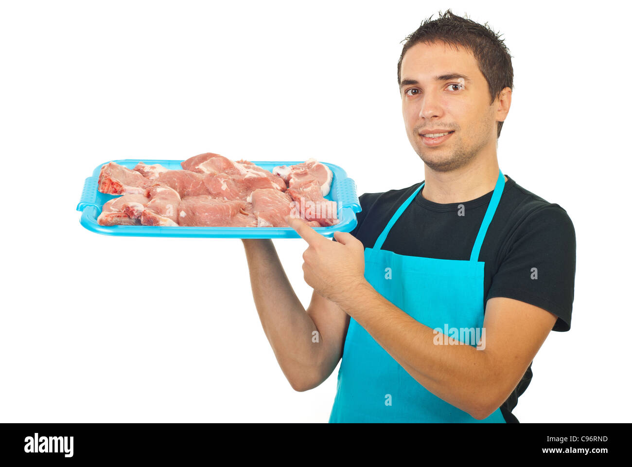 Butcher man pointing to raw fresh meat on plateau isolated on white ...