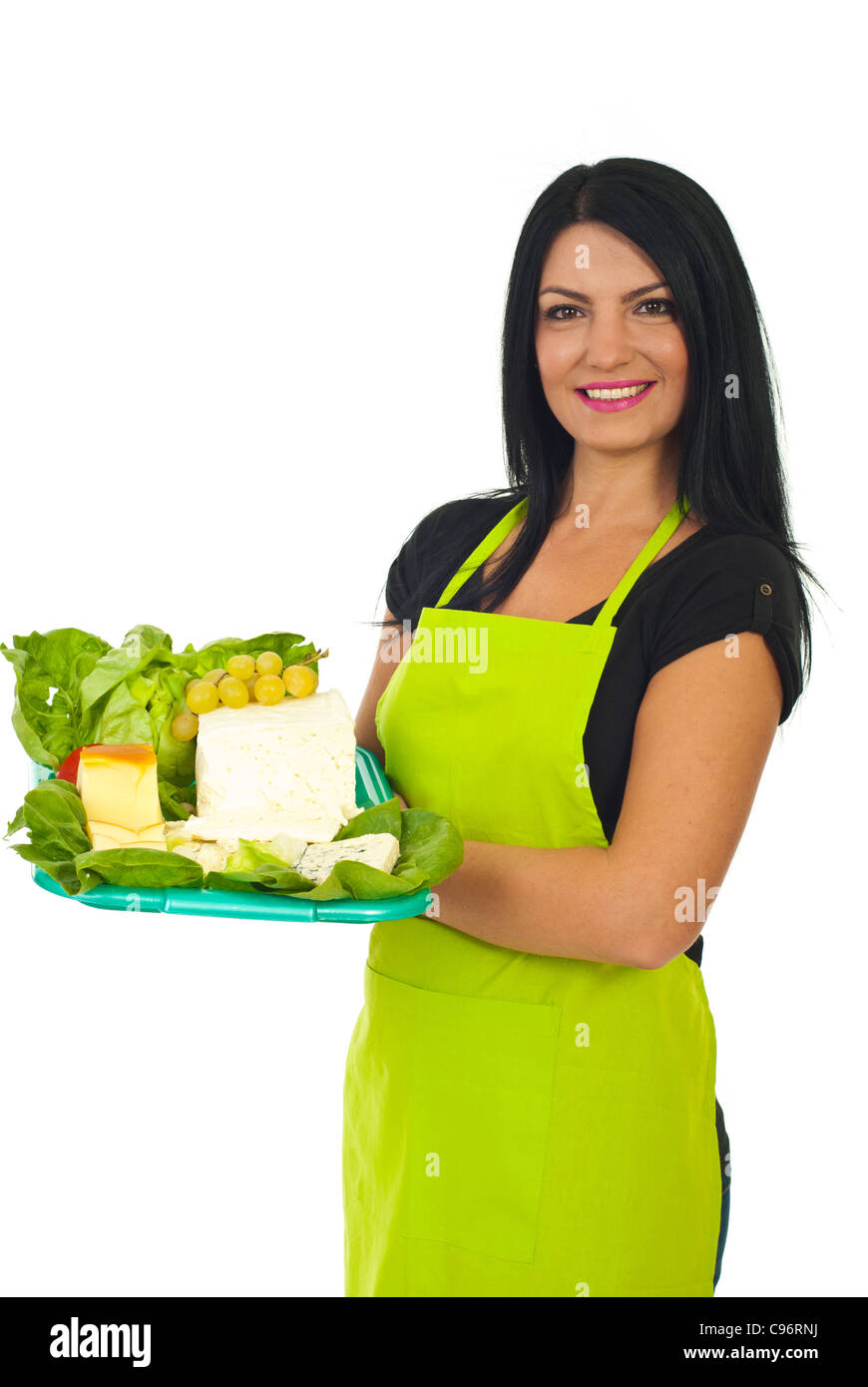 Attractive market worker woman holding cheese and salad on plateau ...