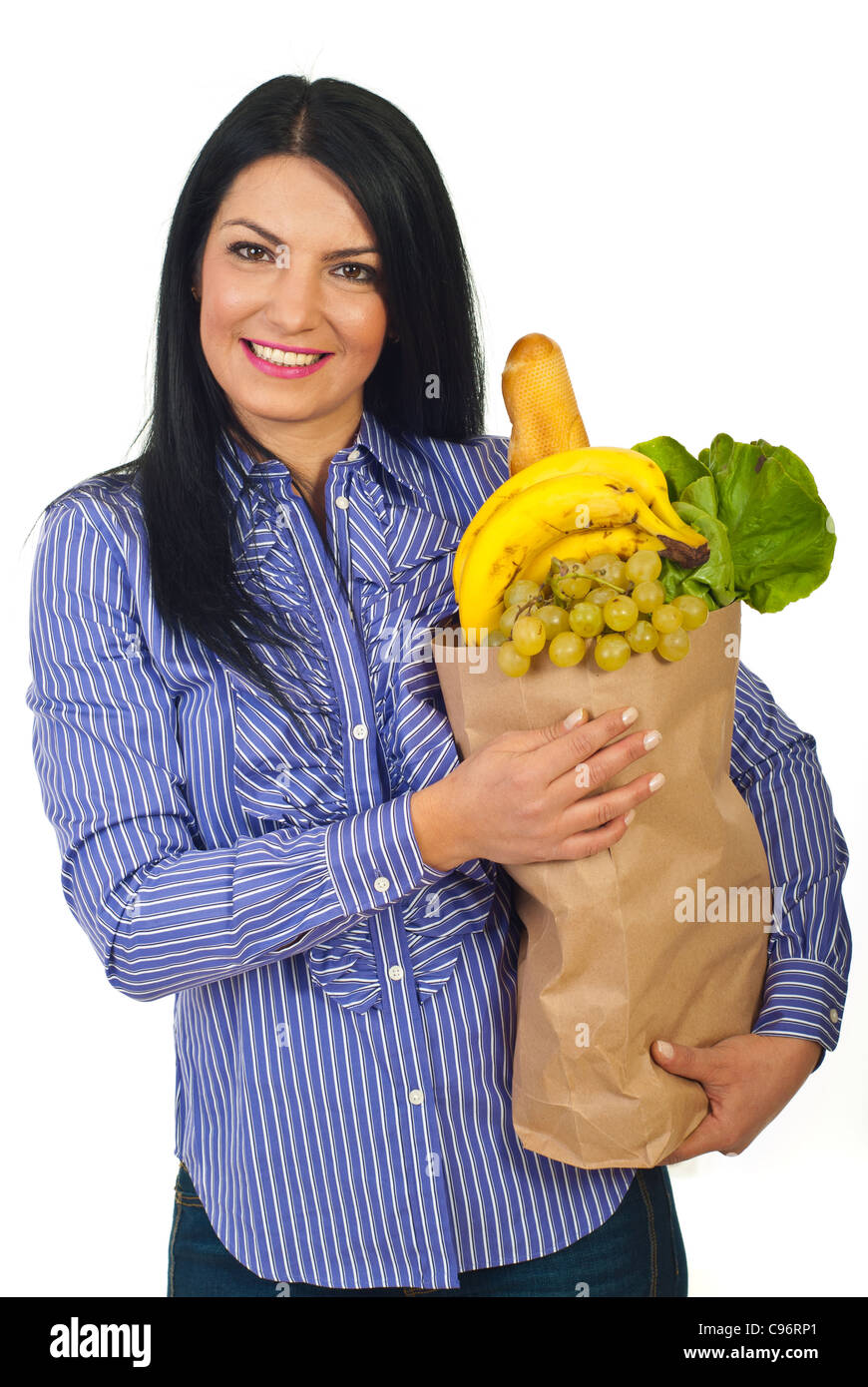 Happy Woman Holding Full Paper Shopping Bag With Food Isolated On White