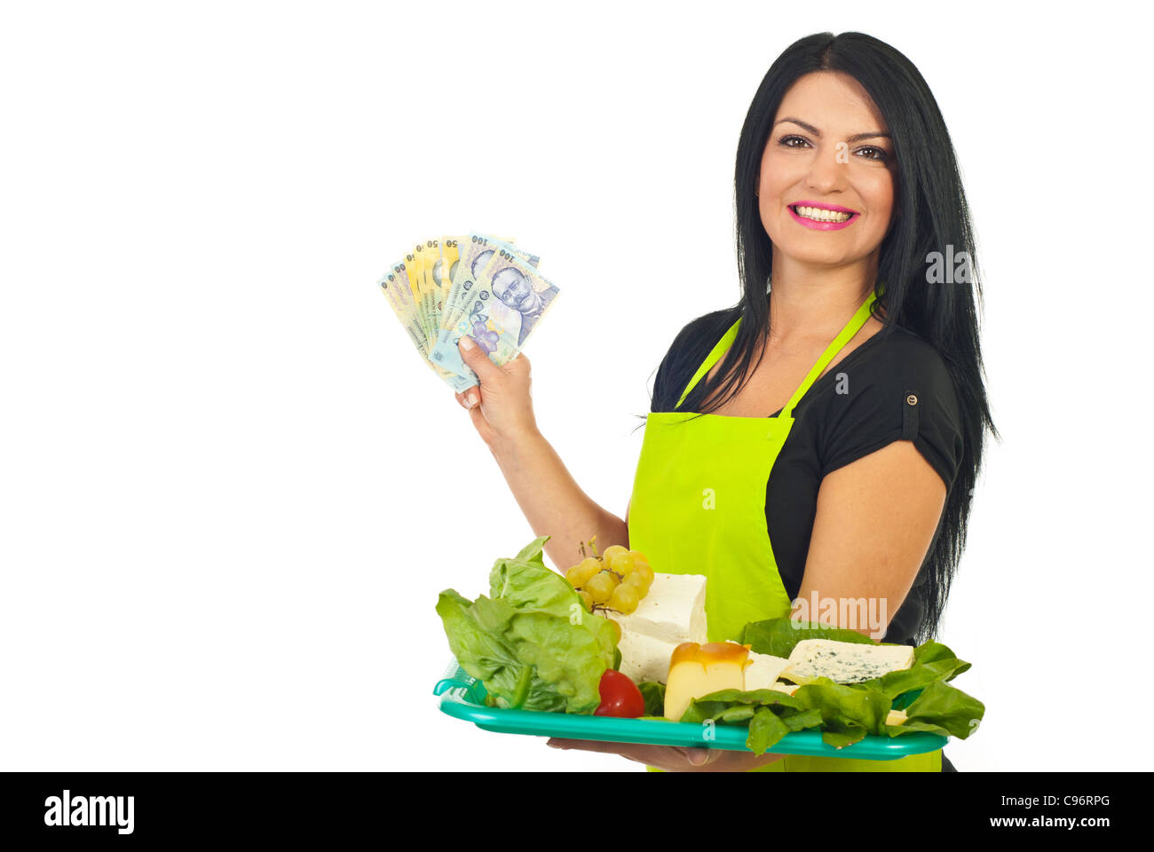 Cheerful cheese maker holding money and plateau with different cheese ...