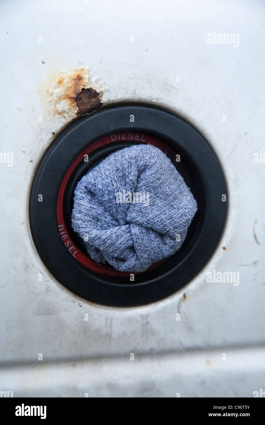 "Put a sock in it" A sock used as a fuel filler cap replacement on old ...
