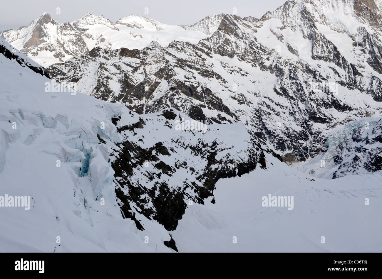 View of the glacier from the station at Eismeer, inside the Eiger Stock ...