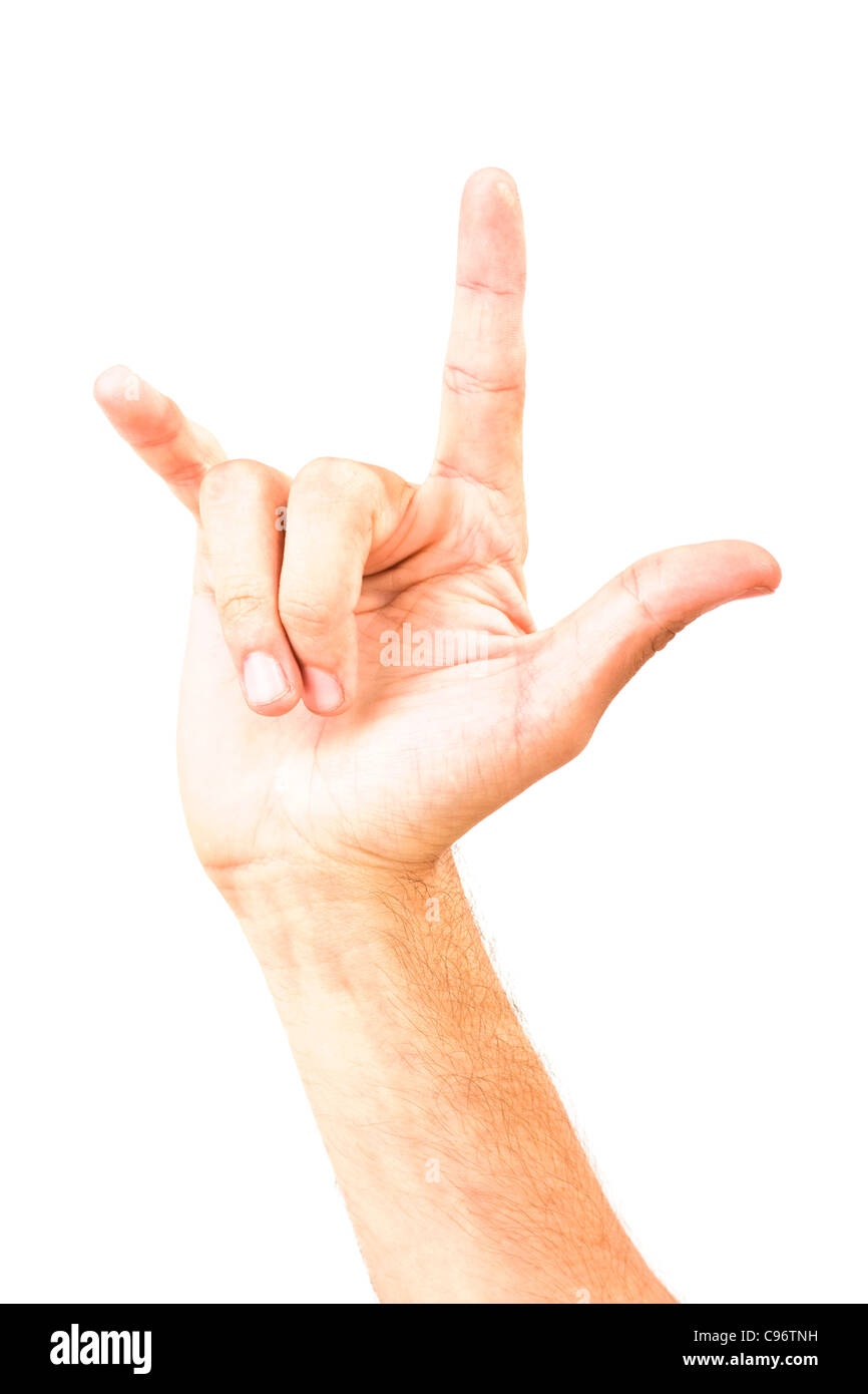 Man hand forming sign by fingers- male model hand isolated on white ...