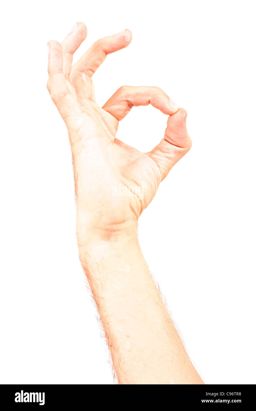 Man hand forming sign by fingers- male model hand isolated on white ...