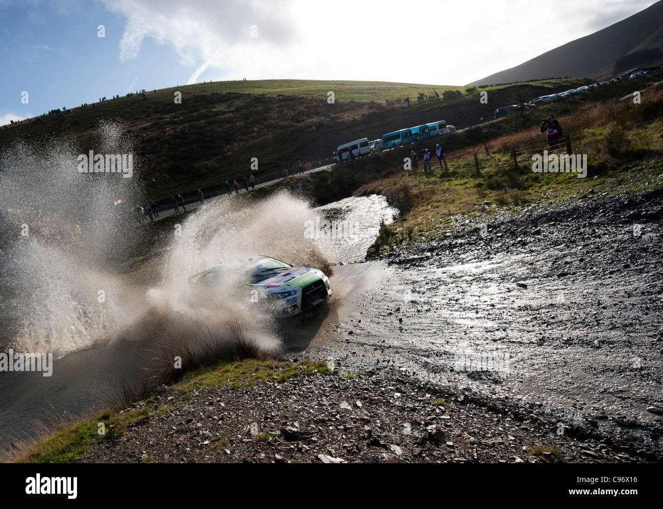 A rally car is seen during a stage of the Rally of Wales GBR November ...