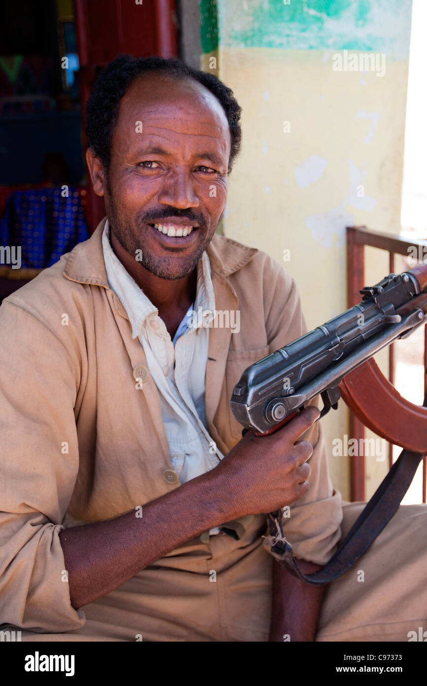 Armed guard at the mountain-top monastery Debre Damo on the Eritrean ...