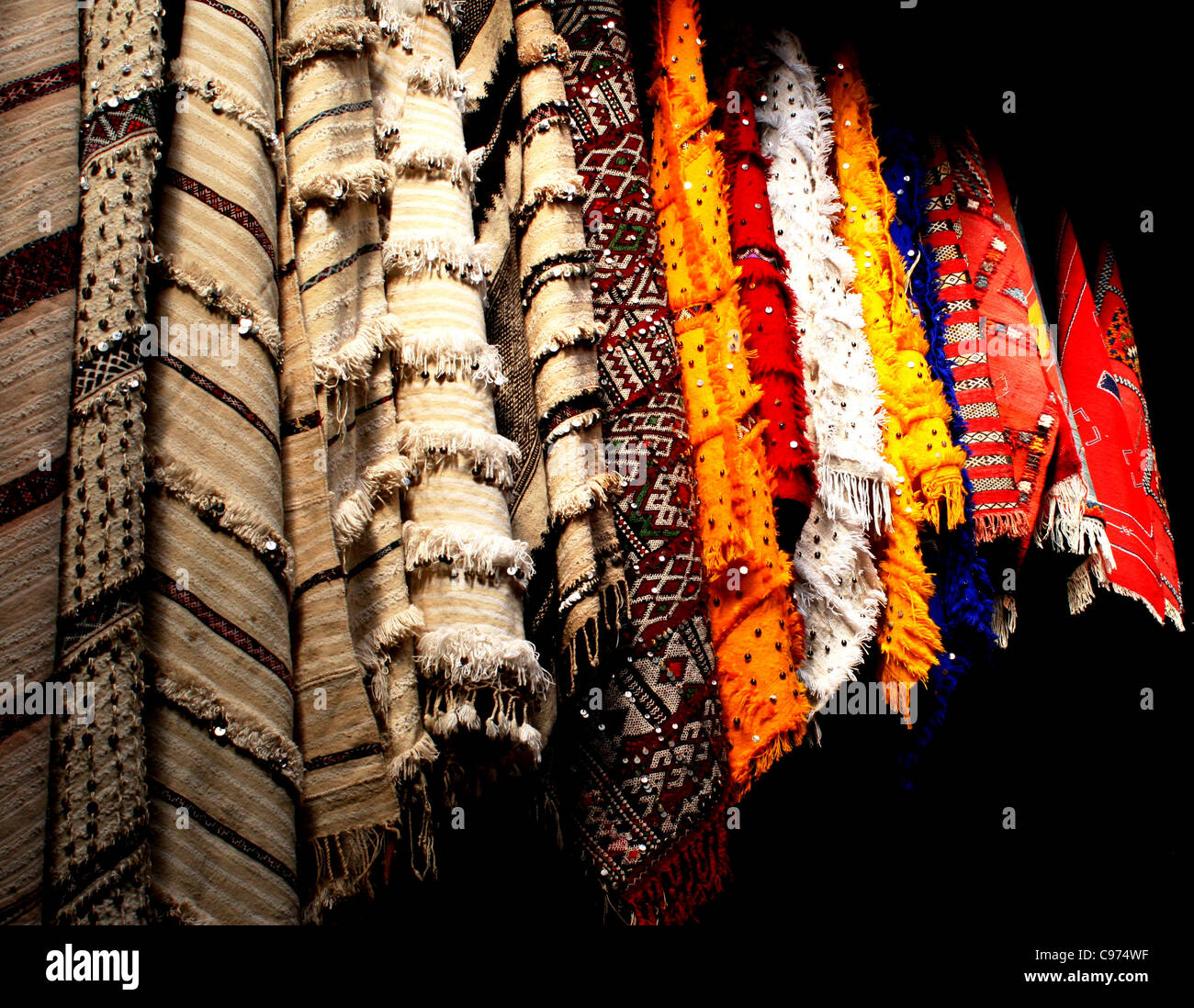 A collection of rugs that were for sale in the souks of Marrakech Stock ...