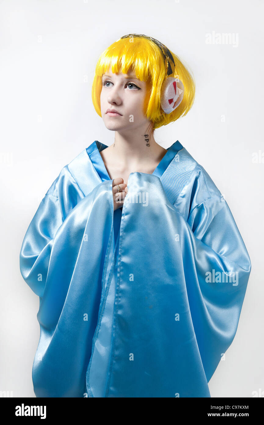 Cosplay girl in blue kimono isolated on white Stock Photo - Alamy