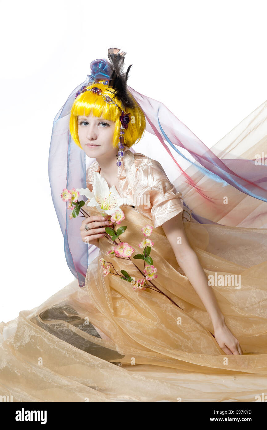 The beautiful girl the princess in a fabric isolated on white Stock ...