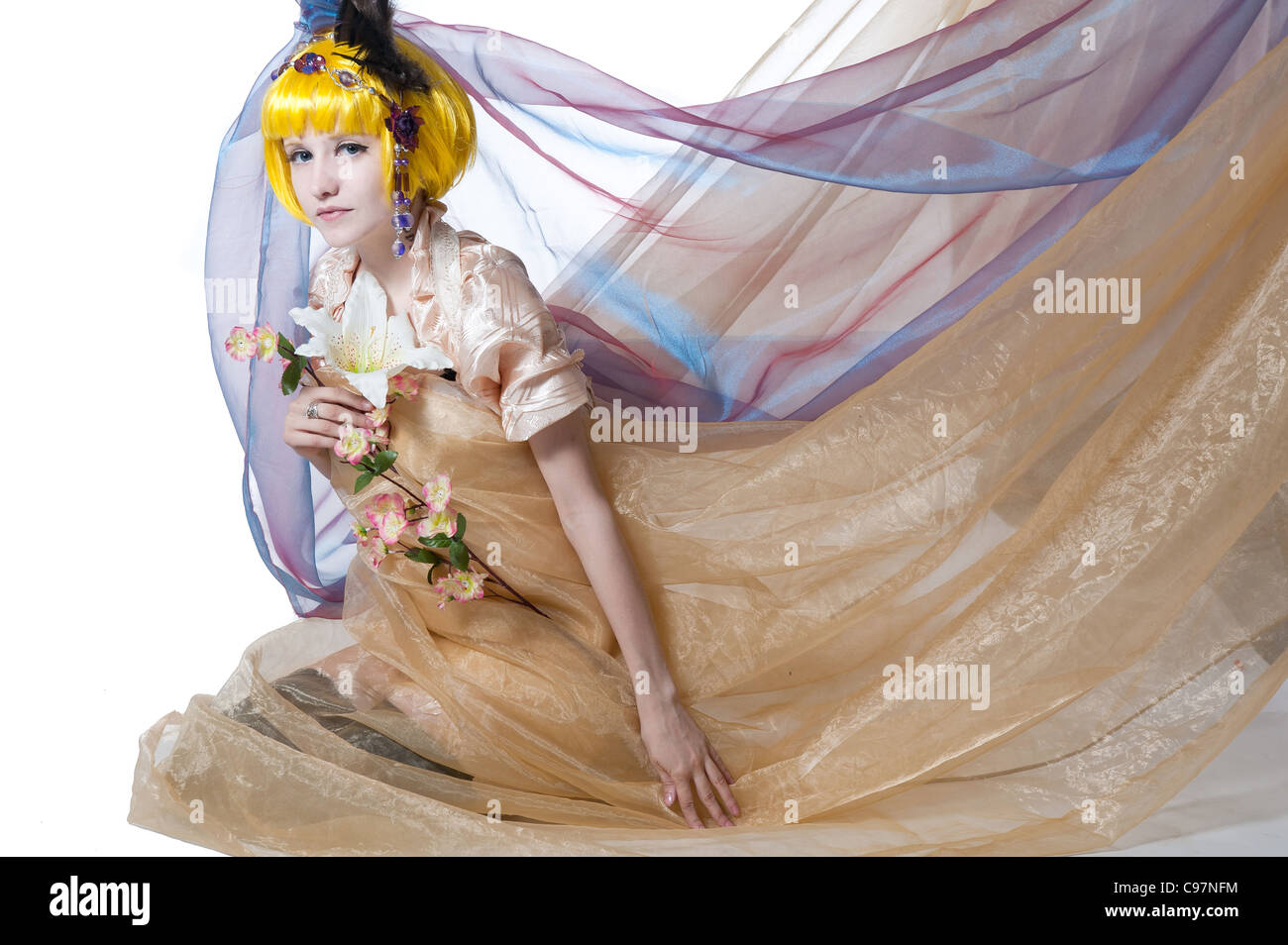 The beautiful girl the princess in a fabric isolated on white Stock ...