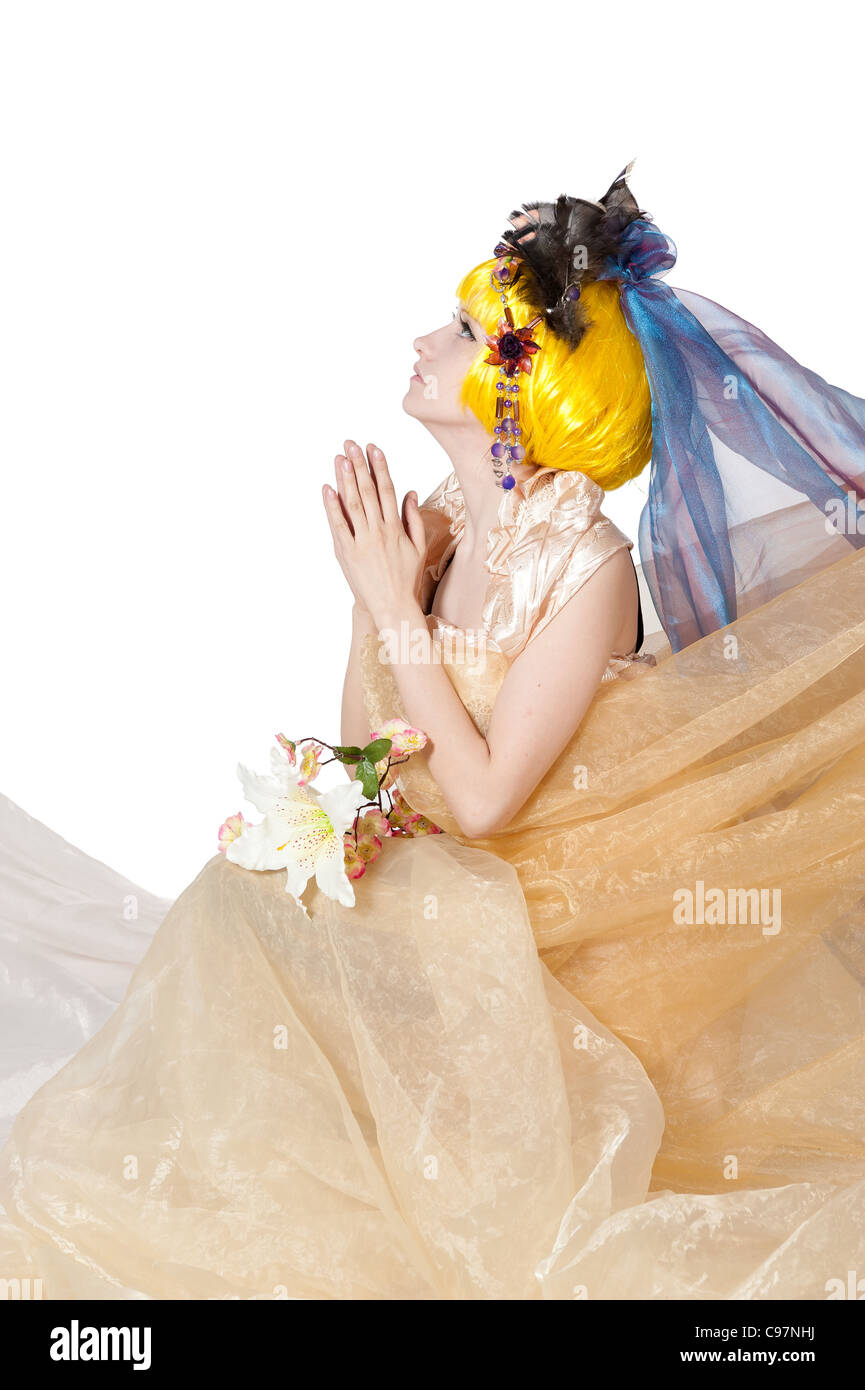 The beautiful girl the princess in a fabric isolated on white Stock ...