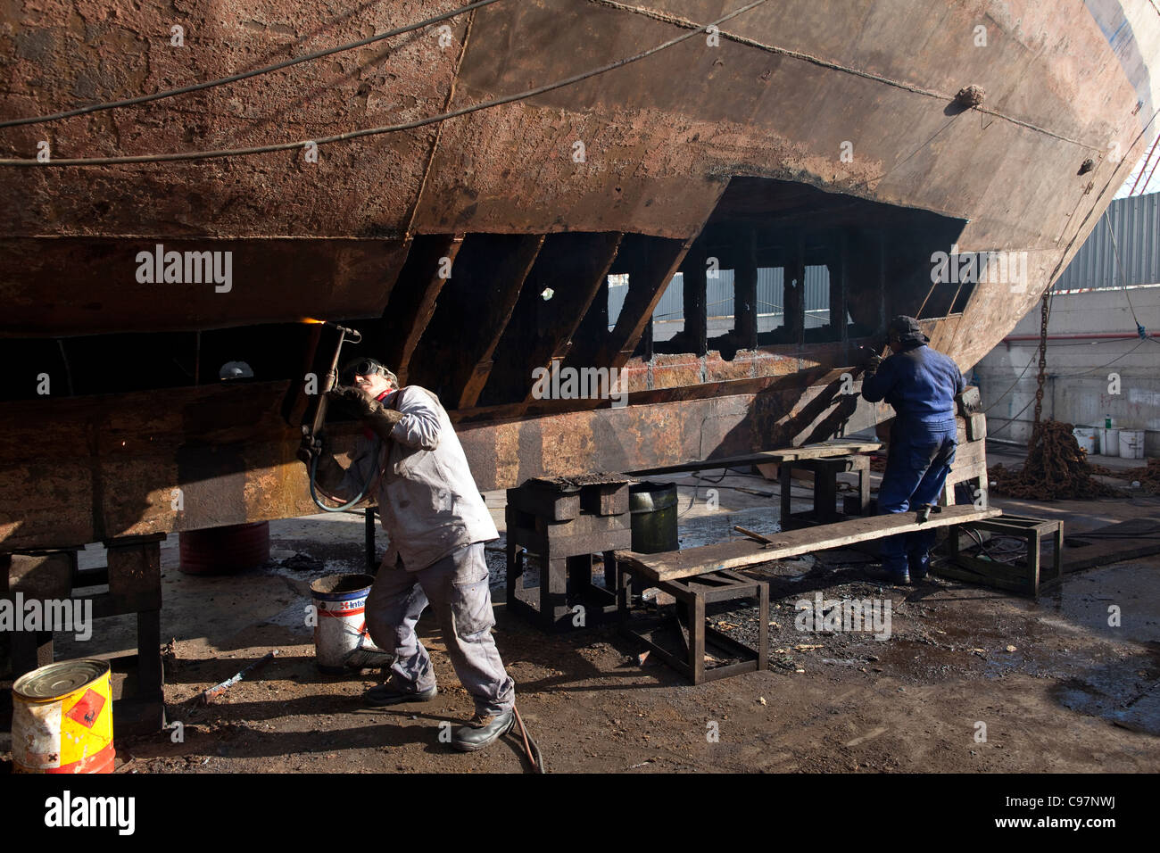 Greek shipworkers at Halkitis Shipyards, Perama Piraeus, outside Athens ...
