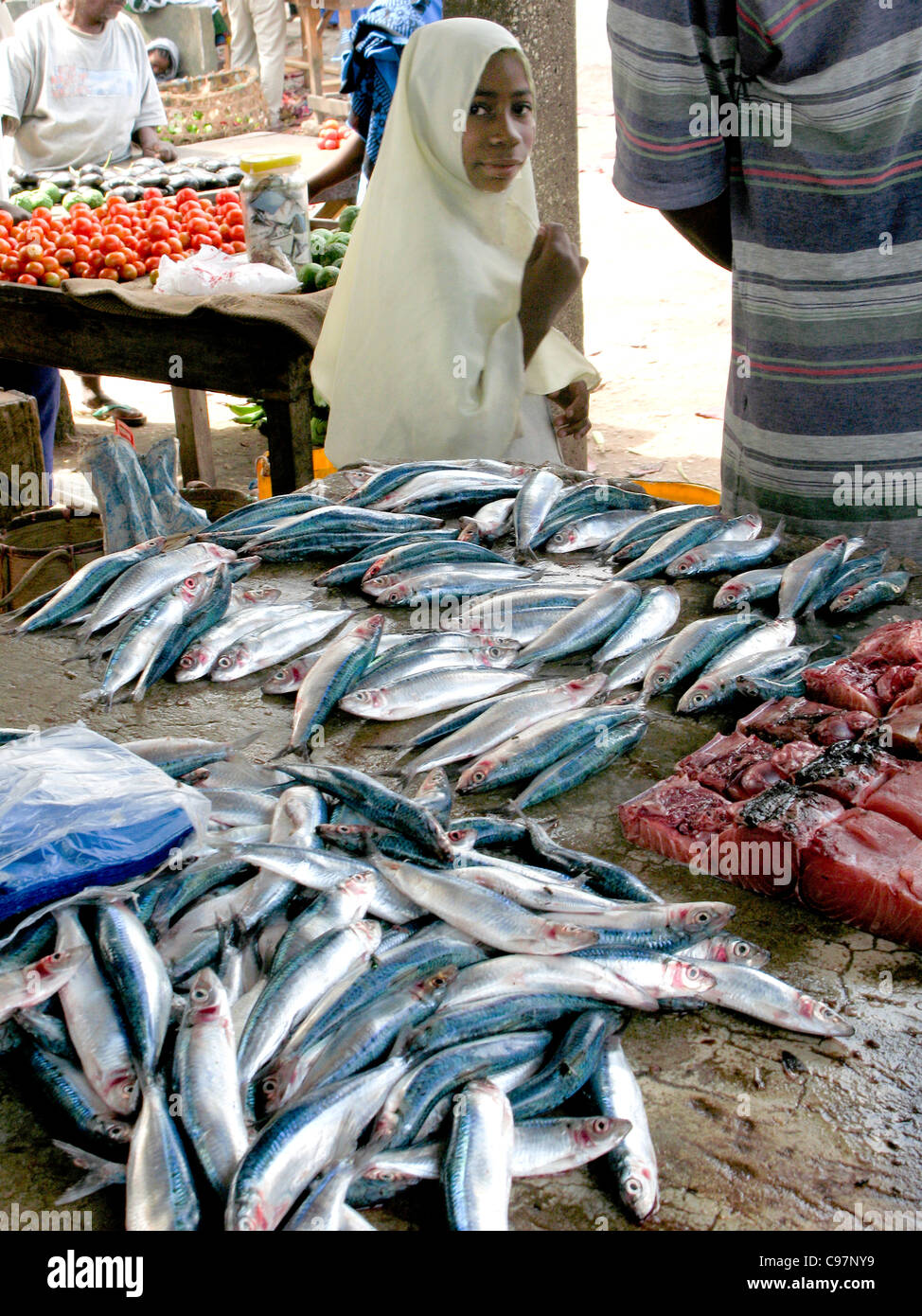 Africa. Zanzibar. Stone Town. A young girl in front of fresh fish for ...