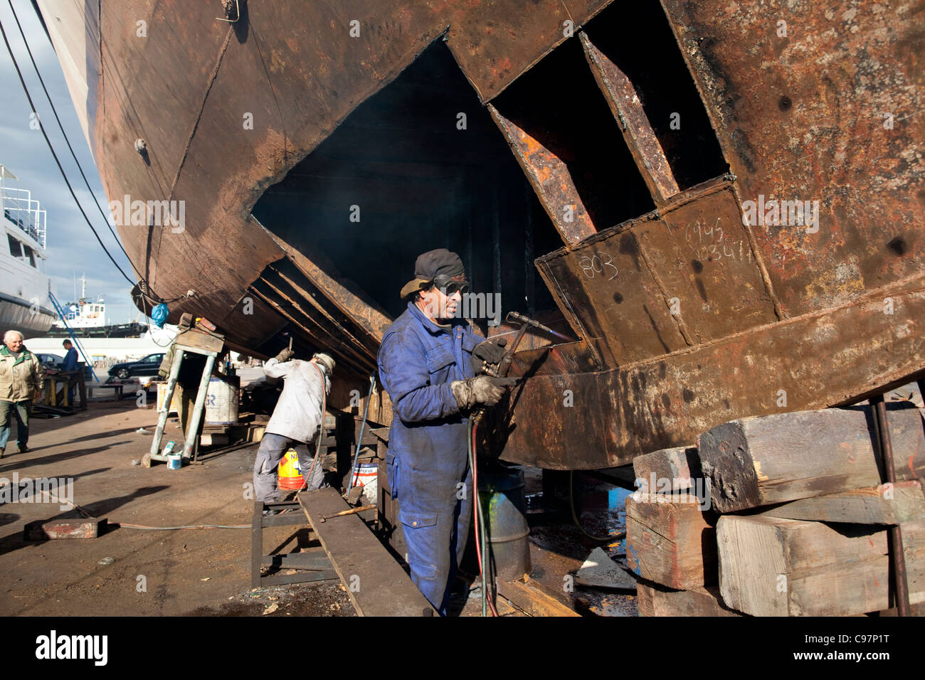 Greek shipworkers at Halkitis Shipyards, Perama Piraeus, outside Athens ...