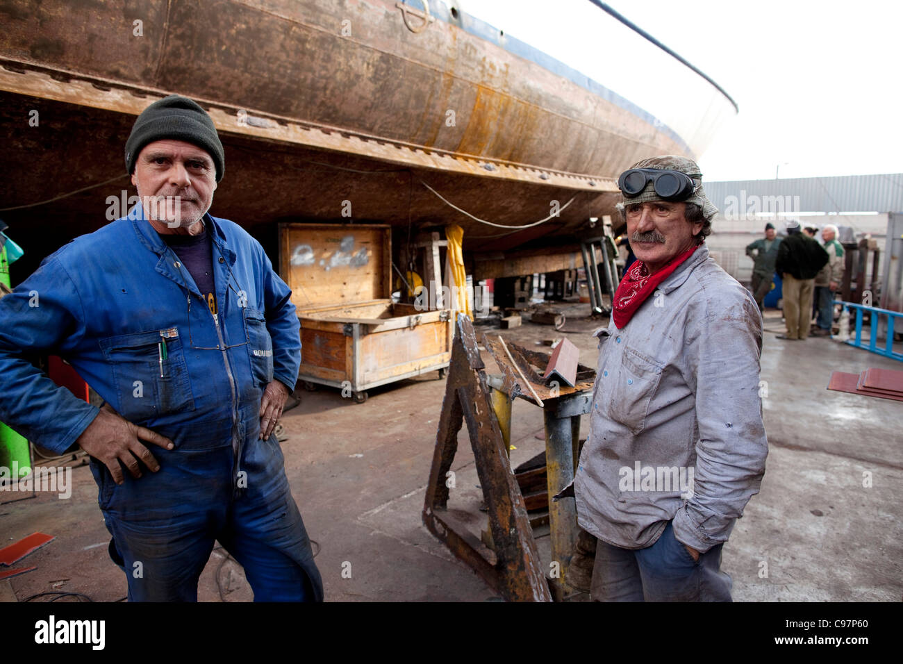 Greek shipworkers at Halkitis Shipyards, Perama Piraeus, outside Athens ...