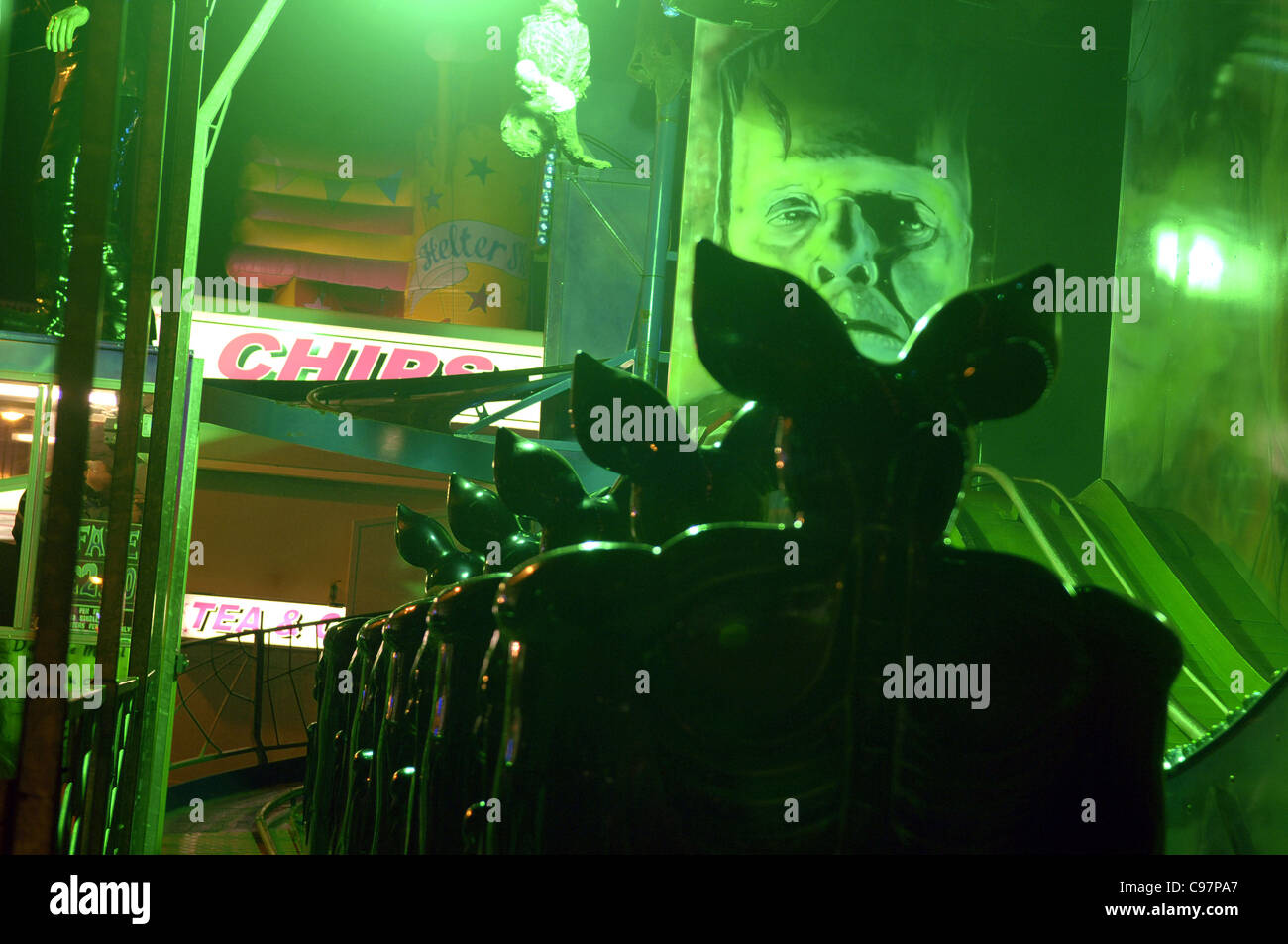 The "Ghost Train" fairground ride at Loughborough street fair. Scary ...