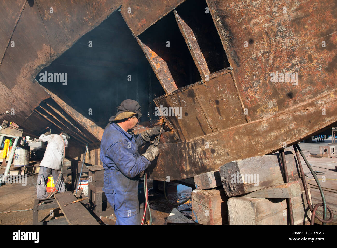Greek shipworkers at Halkitis Shipyards, Perama Piraeus, outside Athens ...