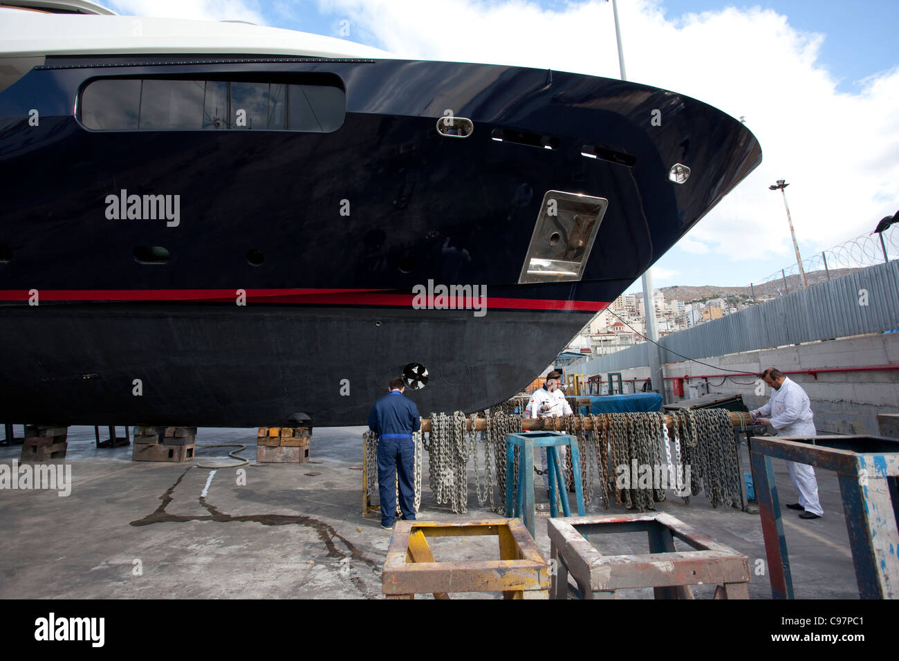 Greek shipworkers at Halkitis Shipyards, Perama Piraeus, outside Athens ...