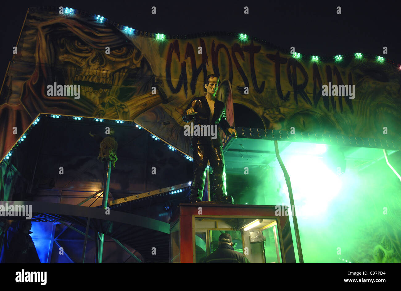 The "Ghost Train" fairground ride at Loughborough street fair. Scary ...