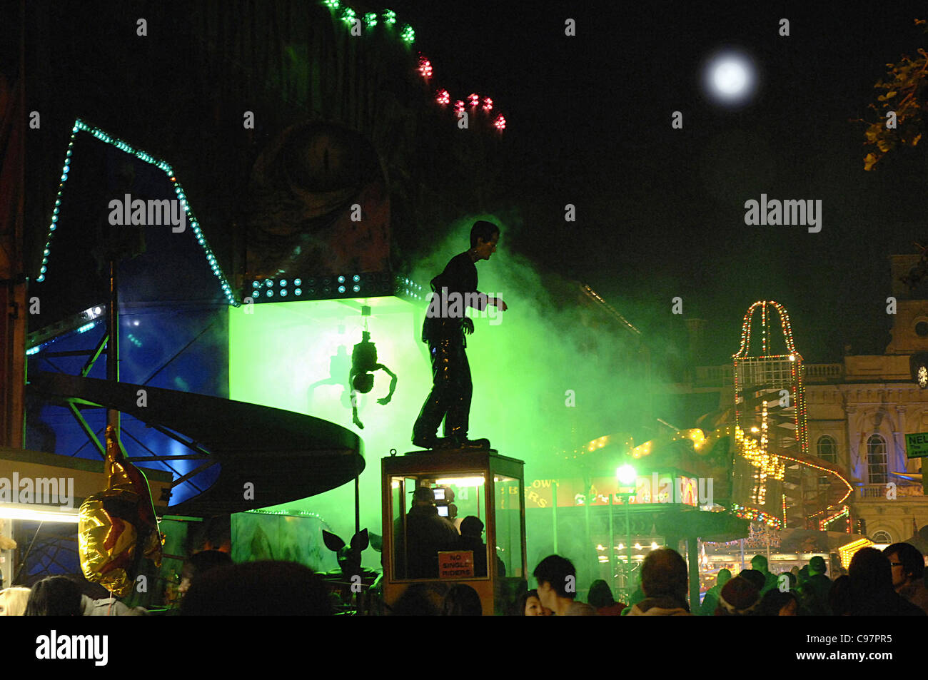 The "Ghost Train" fairground ride at Loughborough street fair. Scary ...